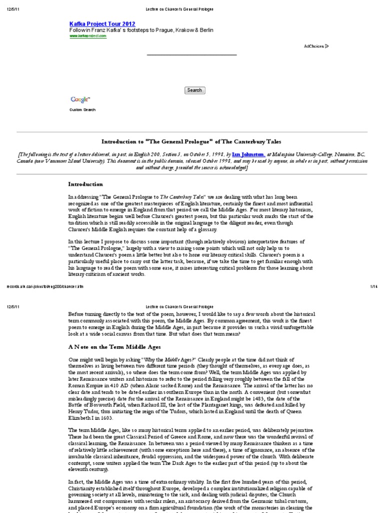 Lecture On Chaucer's General Prologue | PDF | Irony | Satire