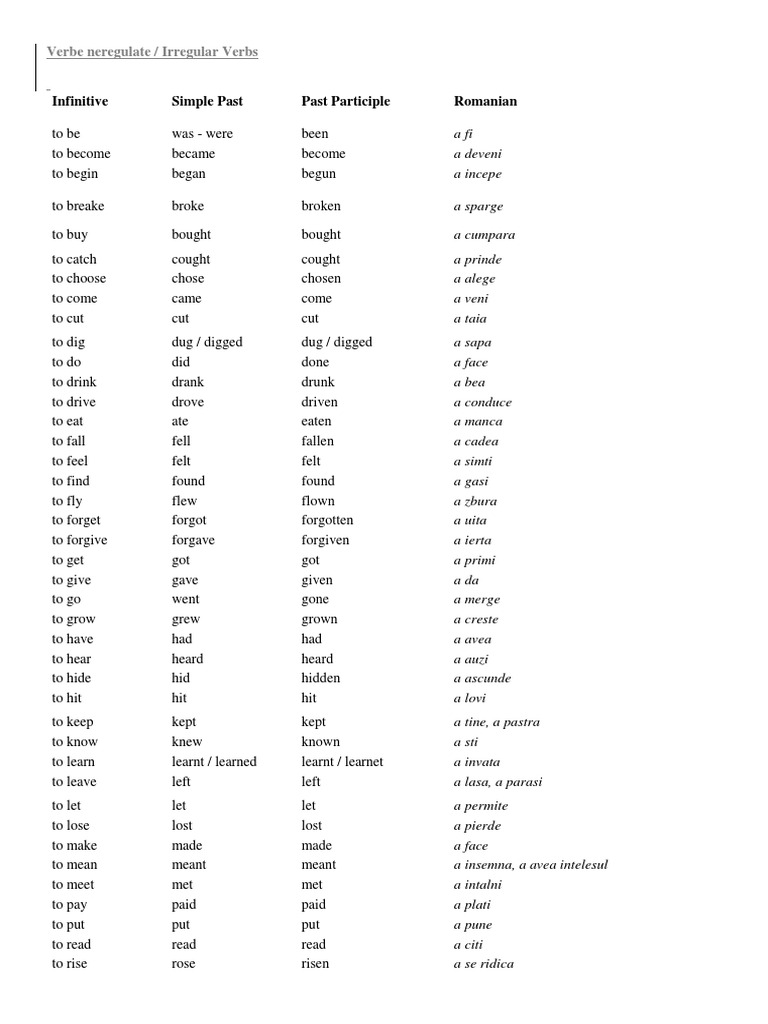English-Romanian Irregular Verbs List | PDF | Language Arts & Discipline