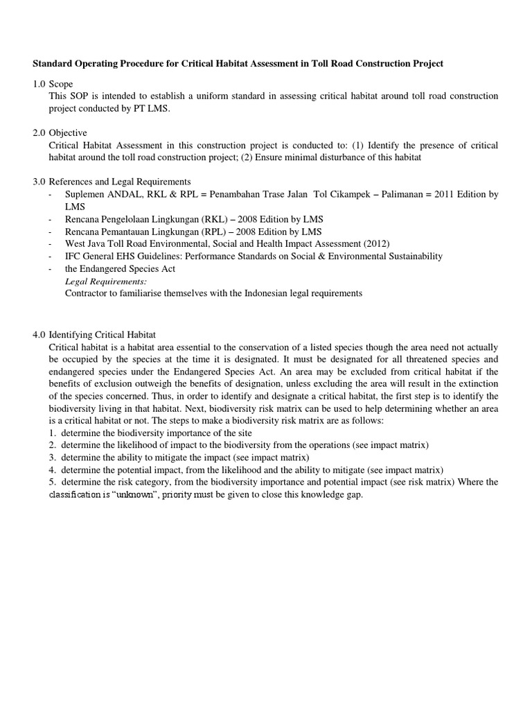 Standard Operating Procedure For Critical Habitat Assessment in Toll ...