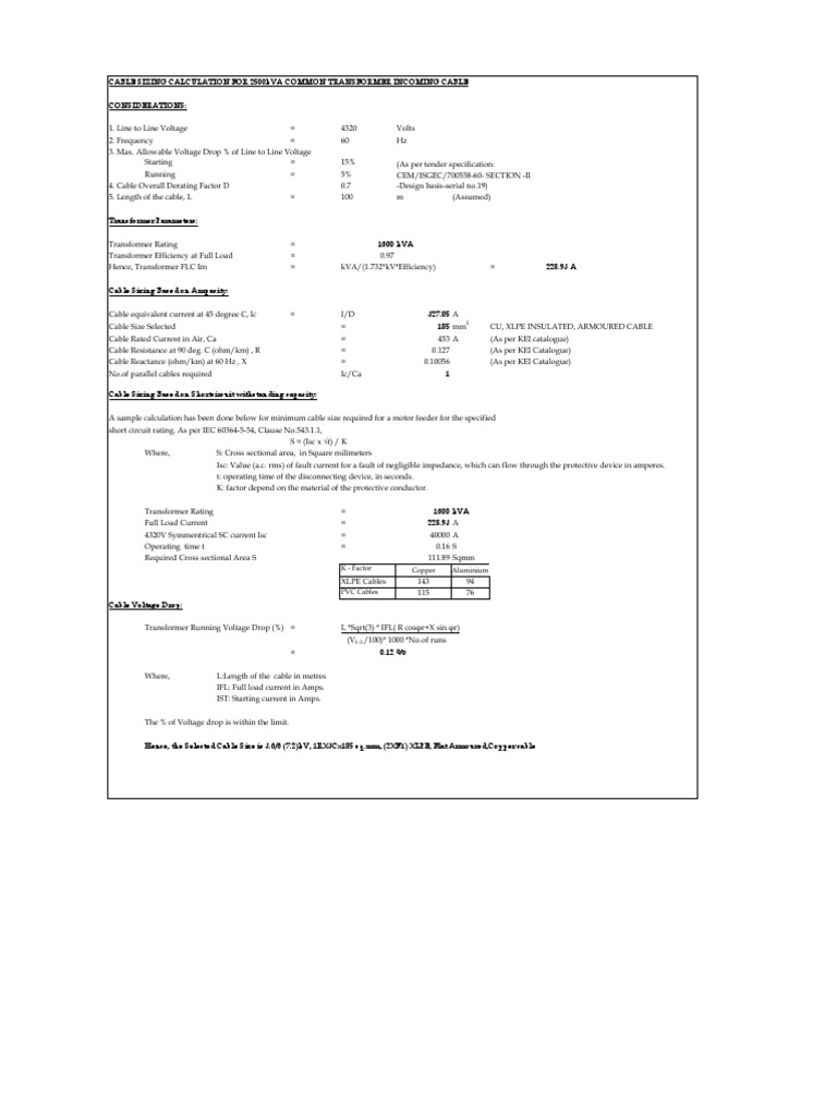 MV Cable Sizing Calculation | PDF