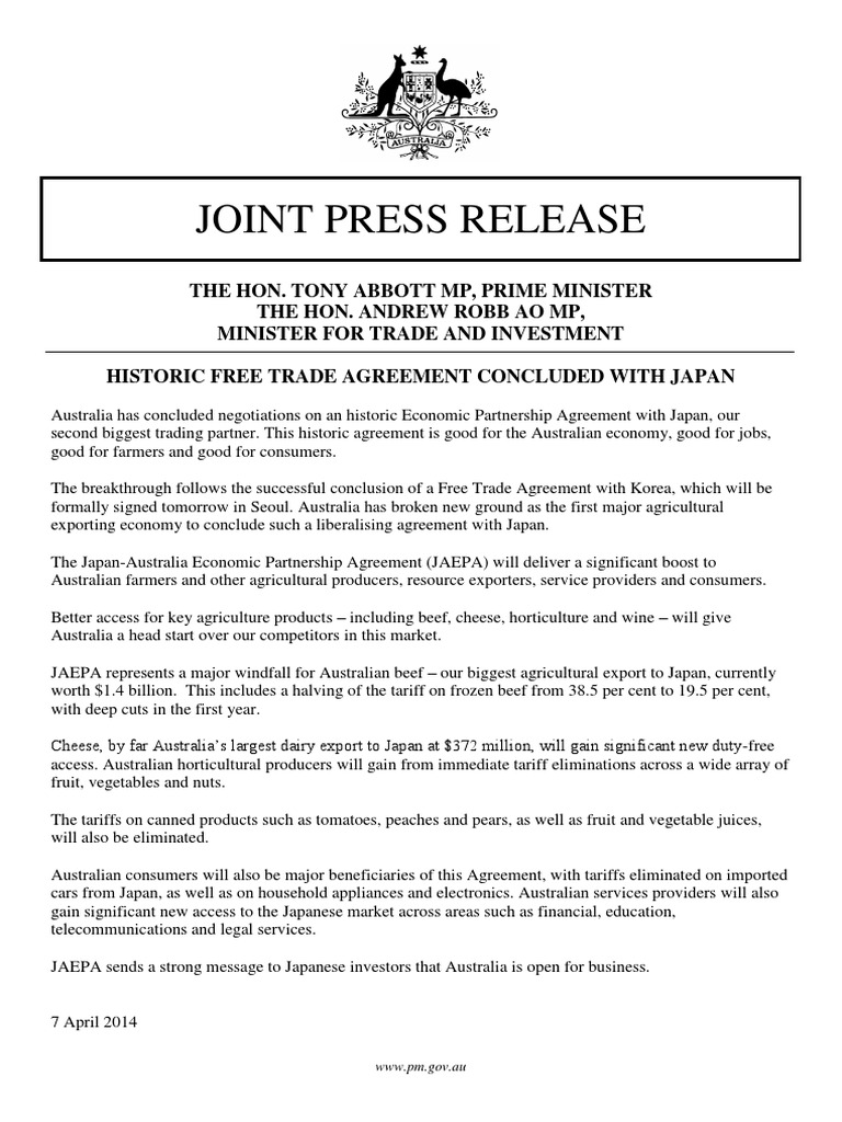 14-04-07 Joint Press Release With Minister Robb | PDF | Exports | Australia