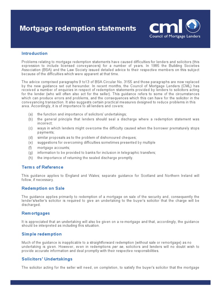 Mortgage Redemption Statements | PDF | Mortgage Law | Mortgage Loan