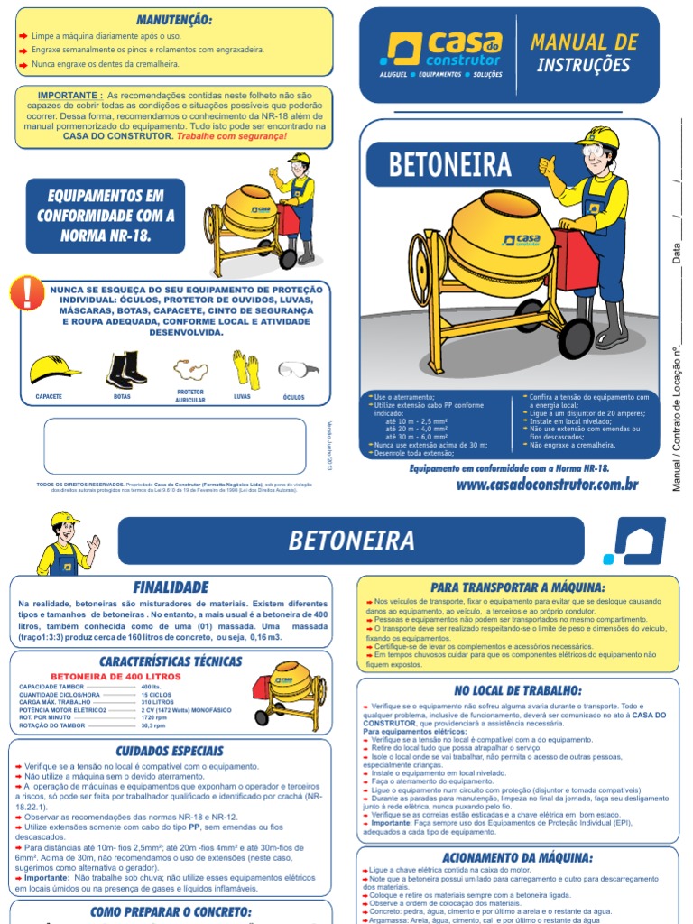 Manual Instrucoes Betoneira | PDF | Eletricidade | Cimento Manual Instrucoes Betoneira | PDF | Eletricidade | Cimento