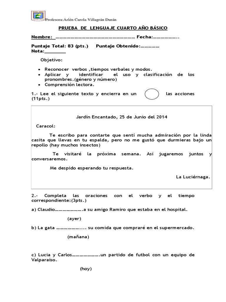 Prueba de Lenguaje: Verbos y Pronombres | PDF | Verbo | Oración