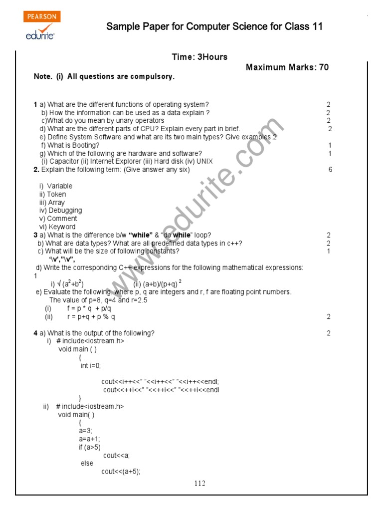 Sample Paper For Computer Science For Class 11: Time: 3hours Maximum Marks: 70 | PDF | Control ...