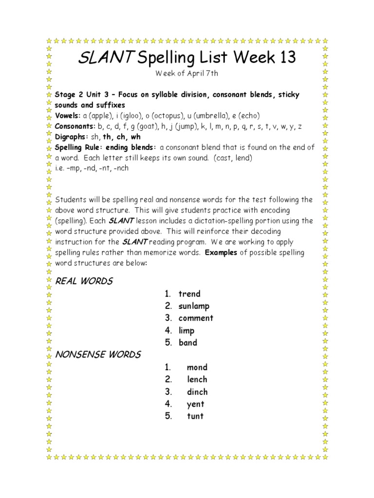 SLANT Spelling Week 13 | PDF | Language Arts & Discipline
