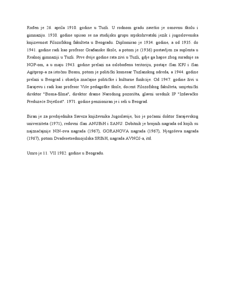 Mesa Selimovic - Biografija Bibliografija Citati Izreke | PDF