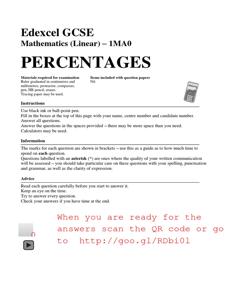 GCSE Maths Topics - Grade C - Percentages - Calc Allowed - Questions ...