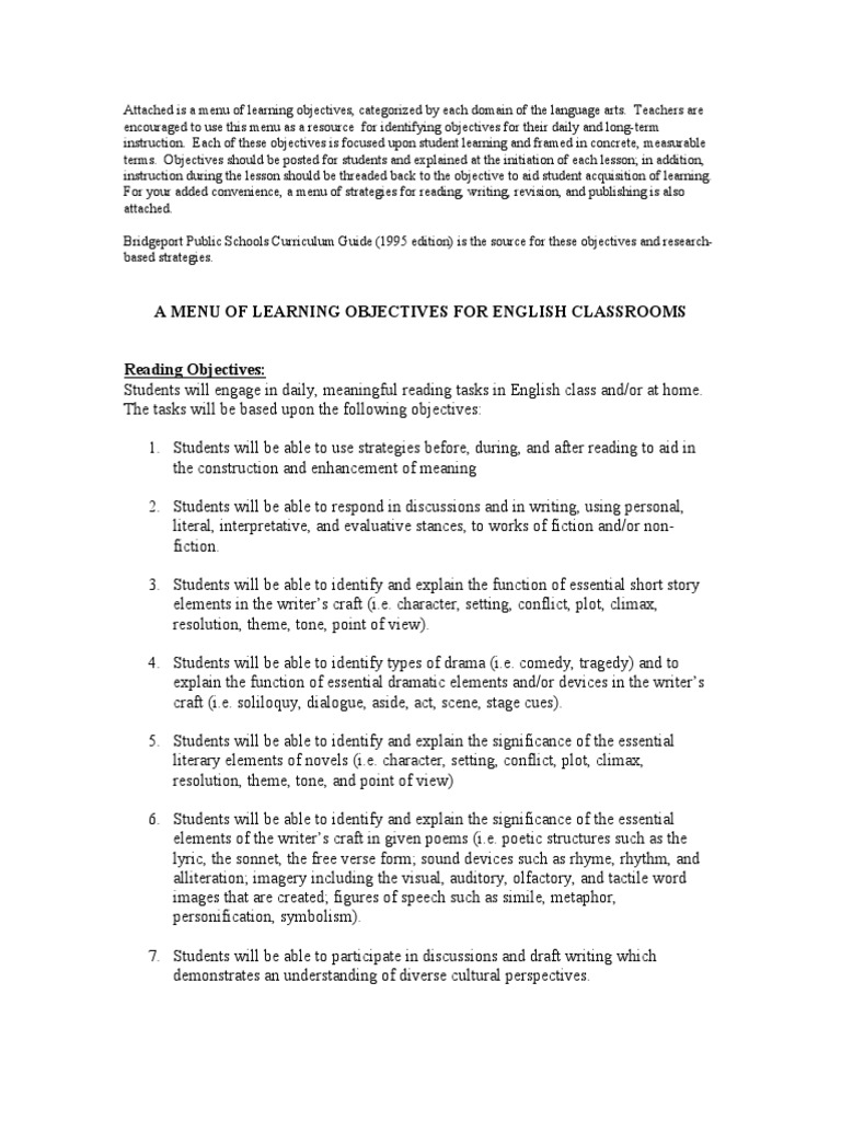 A Menu of Learning Objectives For English Classrooms | PDF