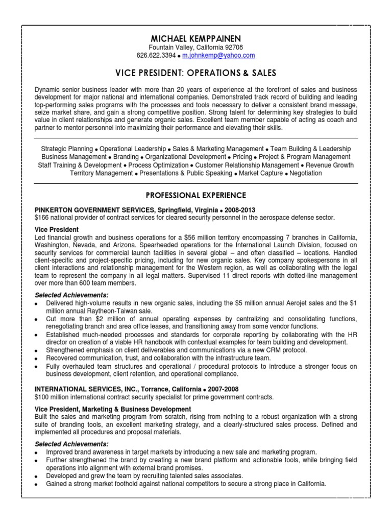 SVP Vice President Operations COO in Los Angeles CA Resume Michael ...