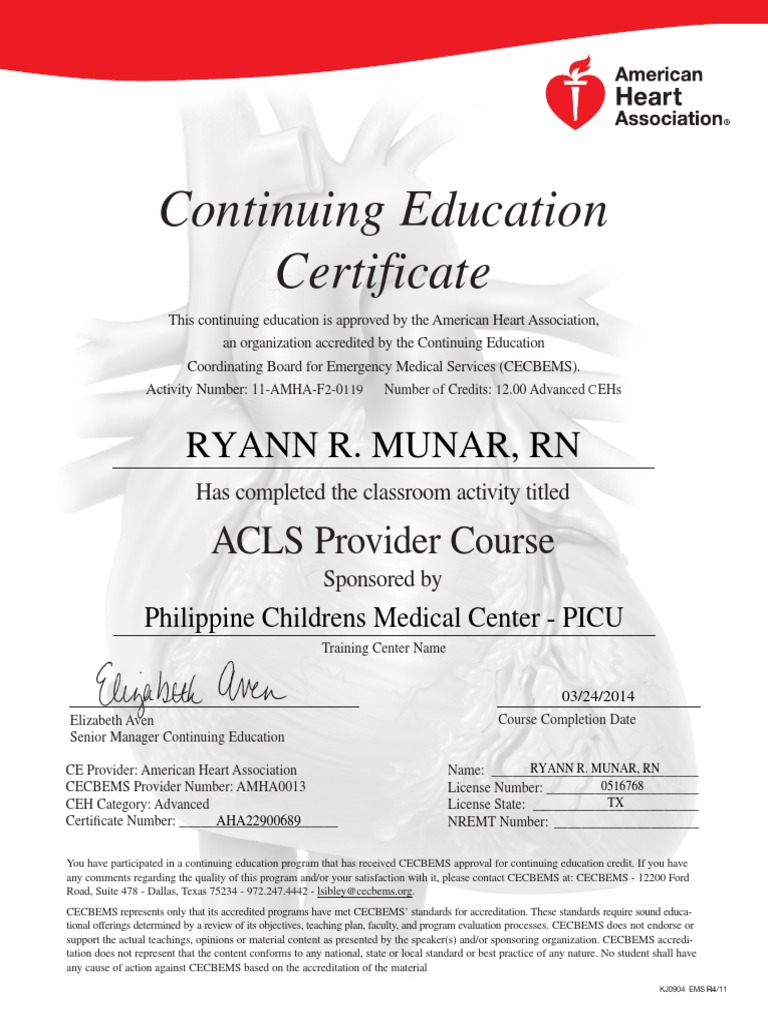 ACLS Certificate | PDF