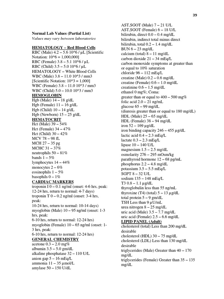 Normal Lab Values Reference Guide | PDF