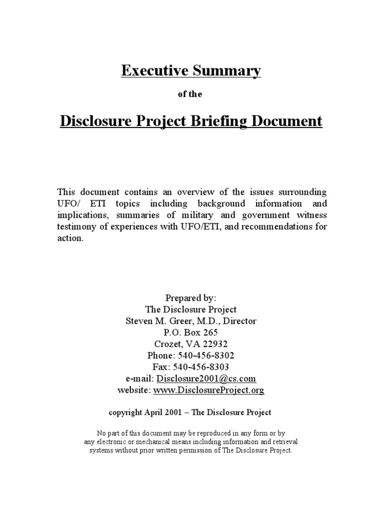 Executive Summary Disclosure Project Briefing Document: of The | PDF ...