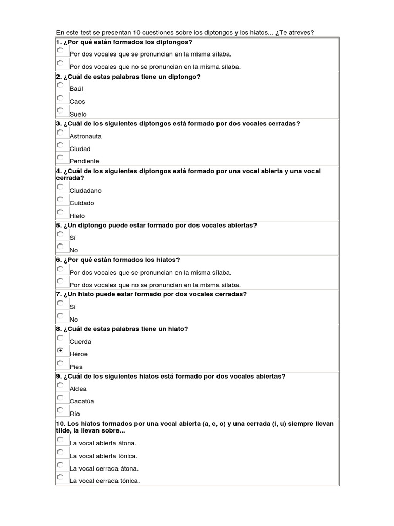 Examen Diptongos y Hiatos | PDF | Artes del Lenguaje y Comunicación ...