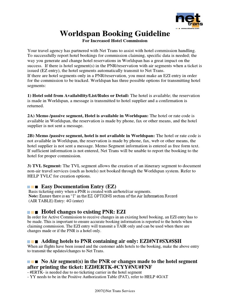 Worldspan Hotel Booking Guideline | PDF | Computing | Computing And ...