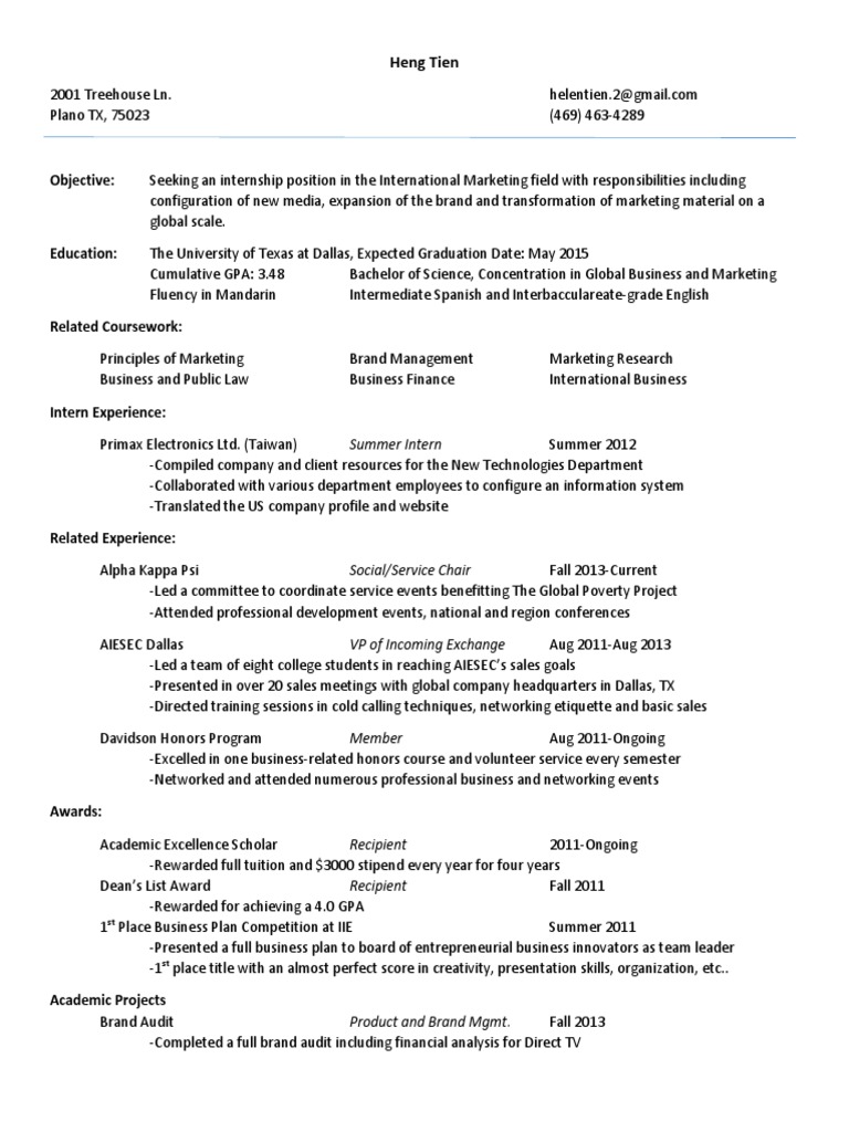 Short Resume for Marketing Internship | PDF | Career & Growth