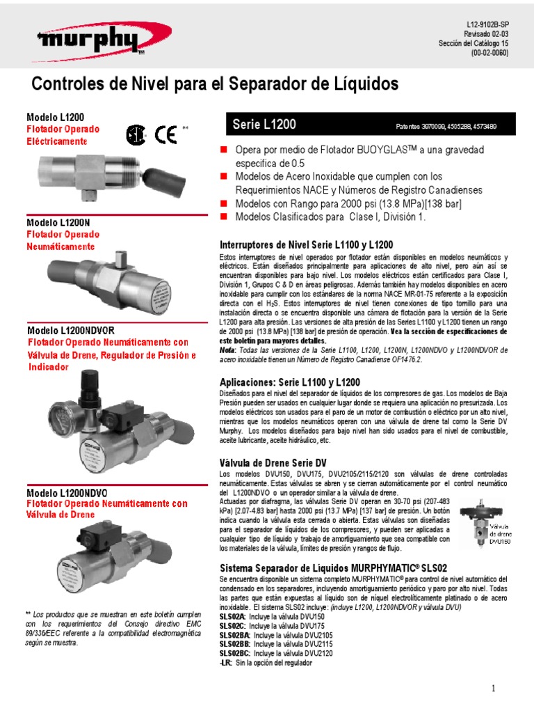 Switch de Nivel Murphy l12-9102b-Sp | PDF | Presión | Neumático