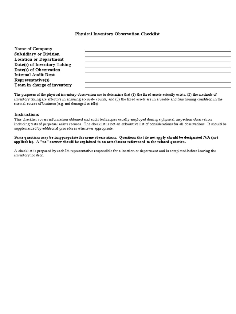 Physical Inventory Observation Checklist-Fixed Assets | PDF | Inventory ...