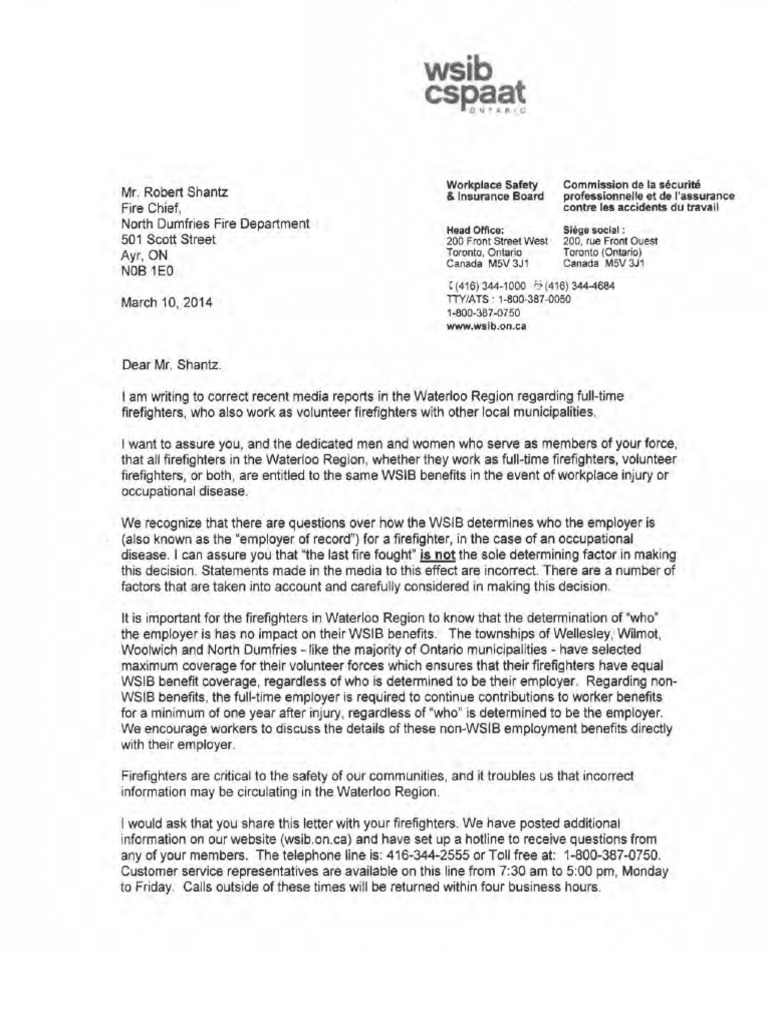 WSIB Letter To N Dumfries FD March 10 2014 | PDF | Foreign Language Studies