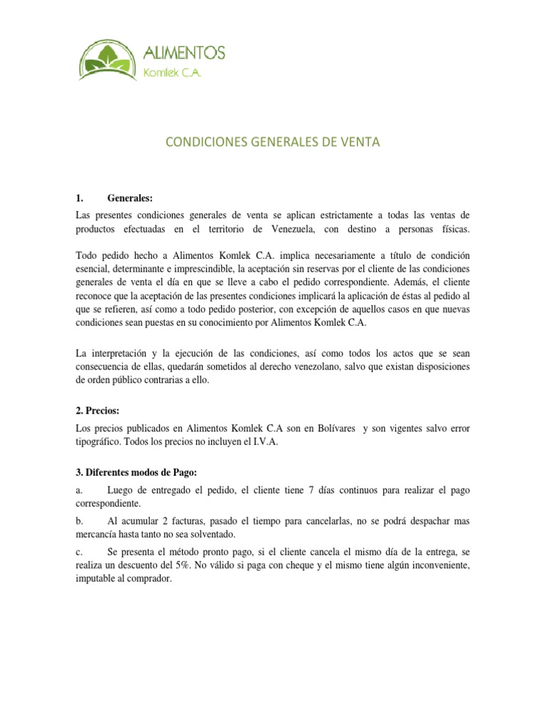Condiciones Generales de Venta | PDF | Pagos | Alimentos