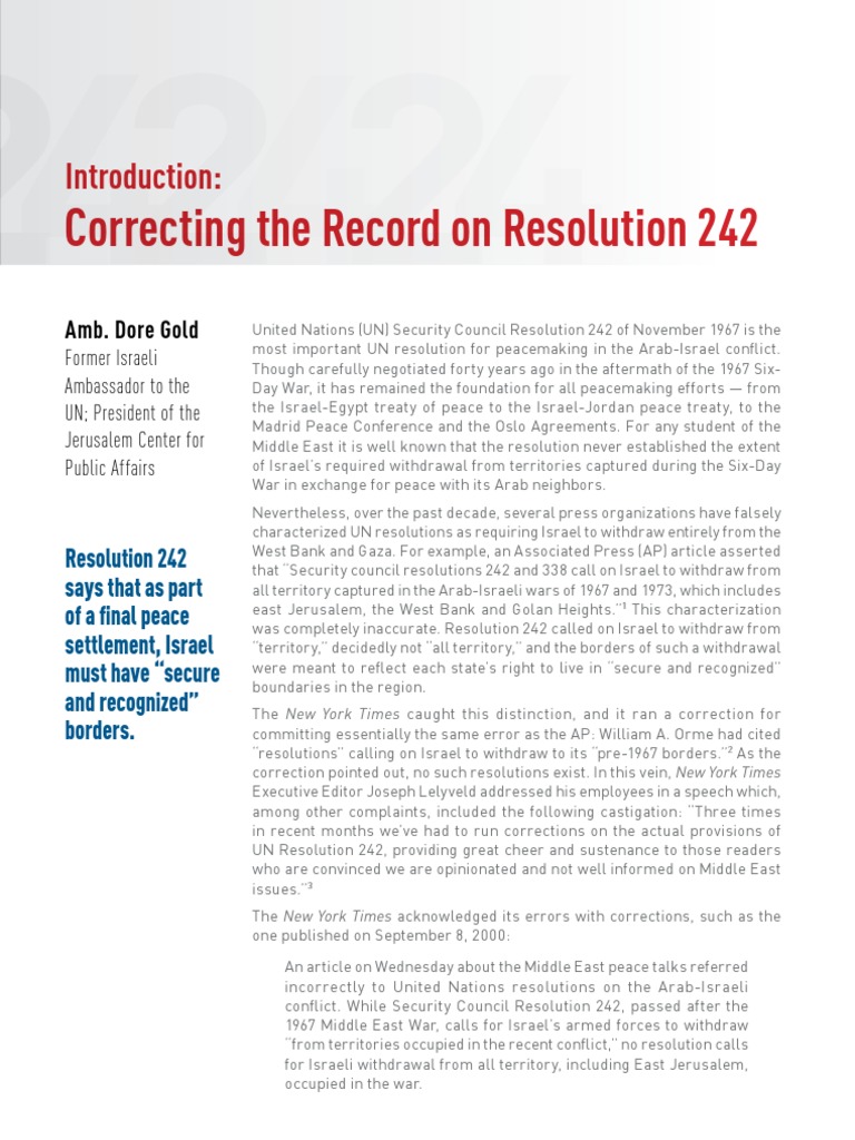 The Record On UN Resolution 242 | PDF | Palestinian Territories | Arab ...