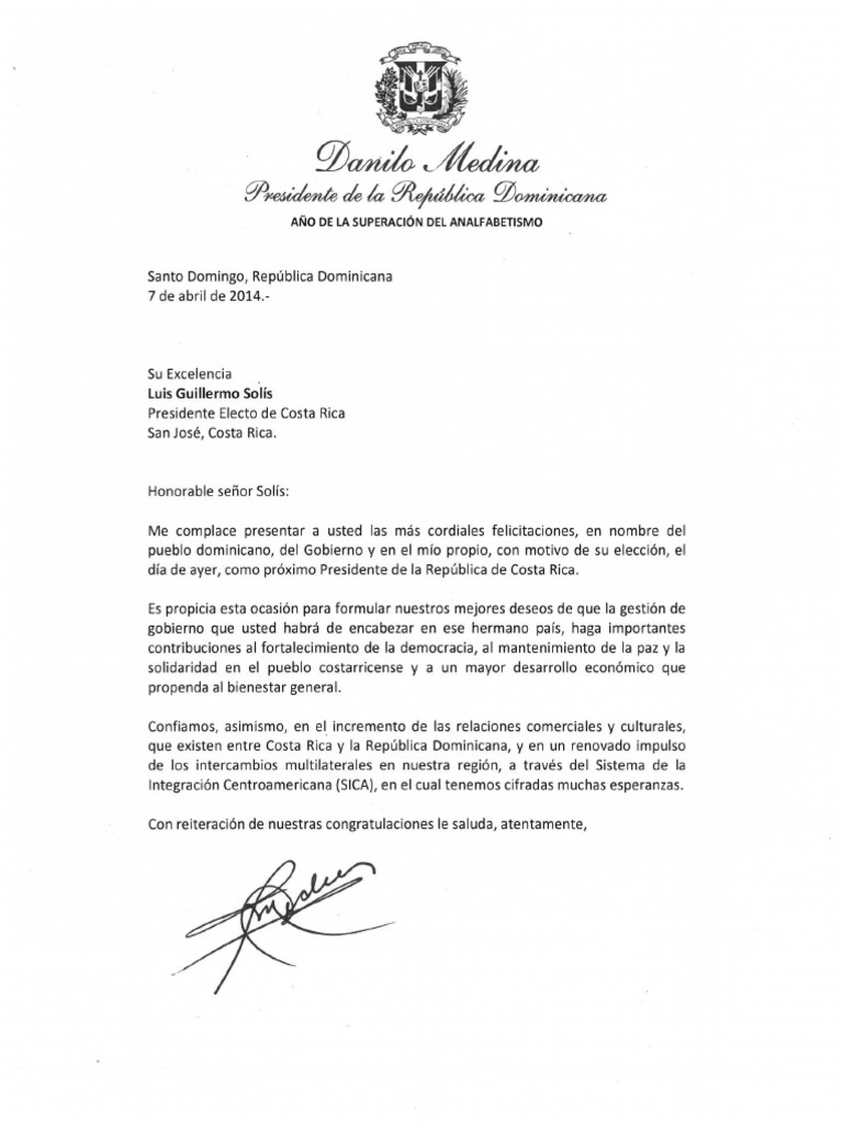 Carta de Felicitación A Presidente Electo Luis Guillermo Solís | PDF