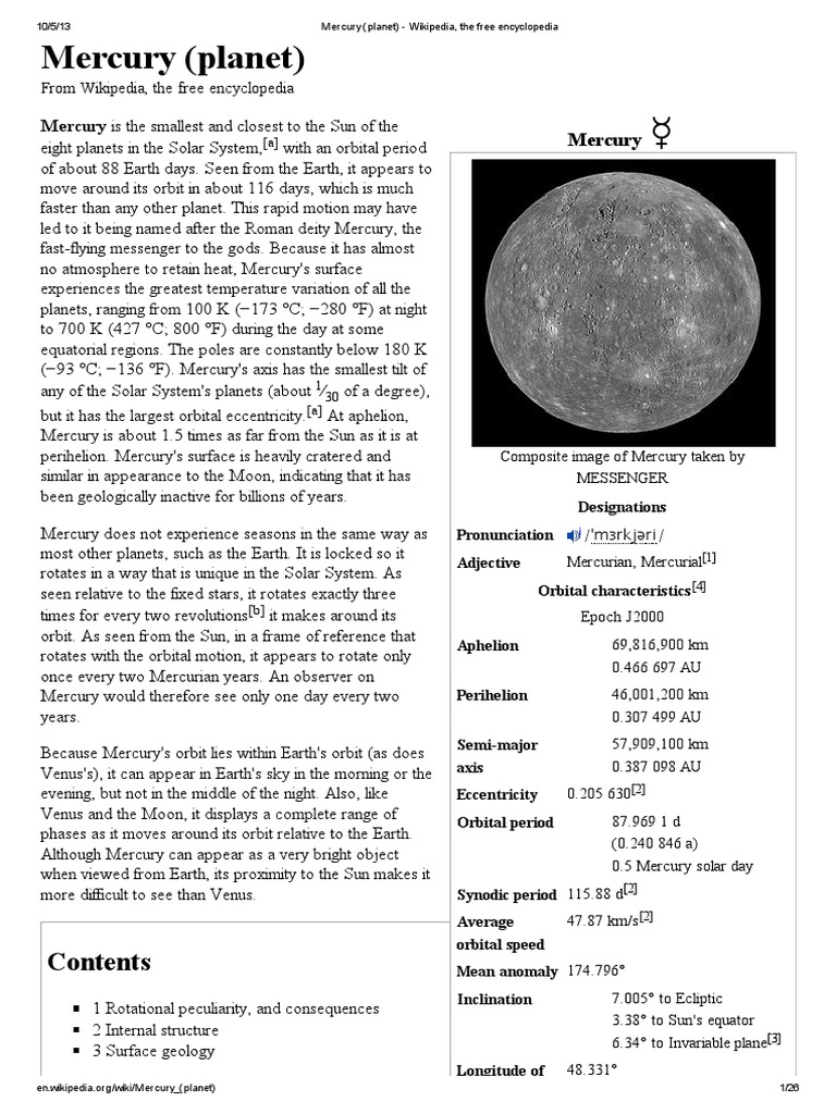 Mercury (Planet) - Wikipedia, The Free Encyclopedia | Mercury (Planet ...