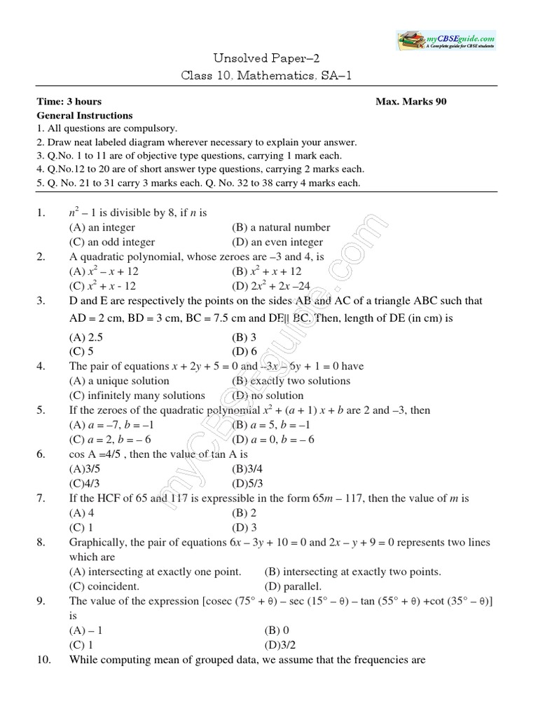 CBSE Class 10 Mathematics Sample Paper-02 (Unsolved) | PDF | Trigonometric Functions | Quadratic ...