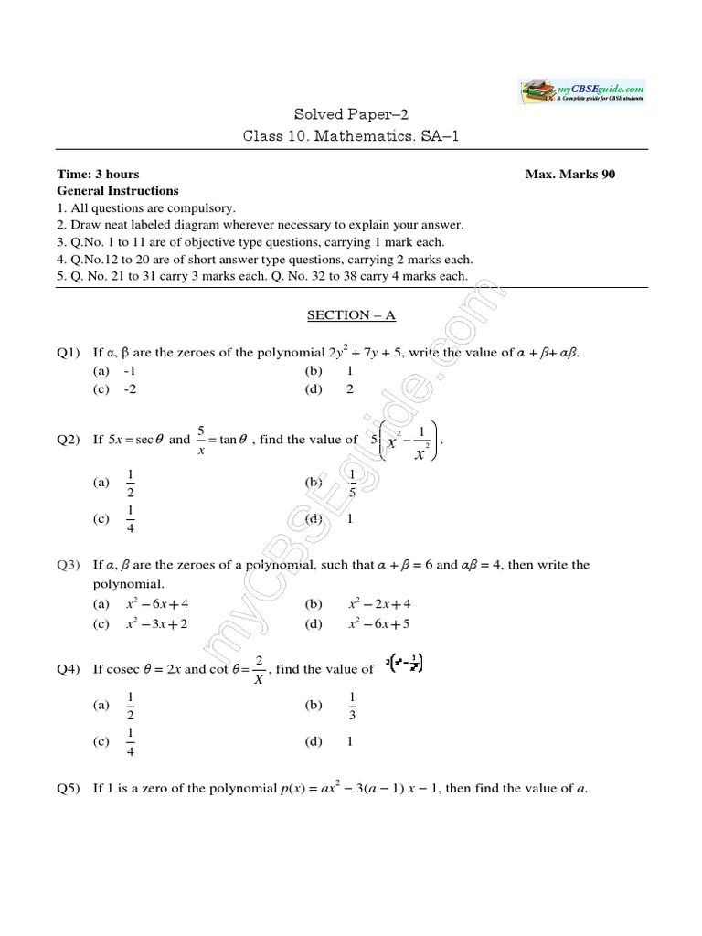 CBSE Class 10 Mathematics Sample Paper-04 (Solved) | PDF | Teaching ...