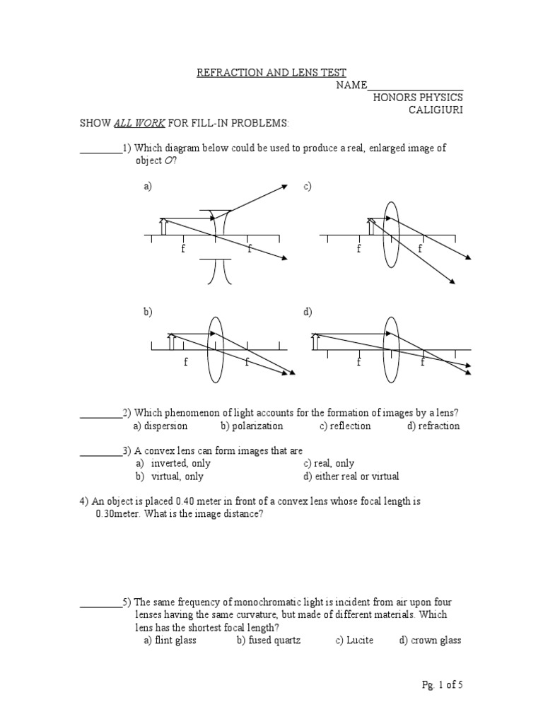 Refraction, Lenses Test | PDF | Lens (Optics) | Refraction