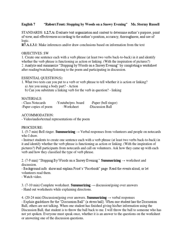 English 7 - Robert Frost - Stopping by Woods On A Snowy Evening | PDF ...