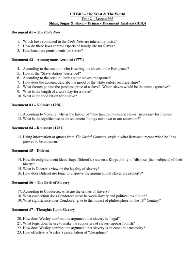 Slavery - Primary Document Analysis Questions | PDF | Slavery | Jean ...