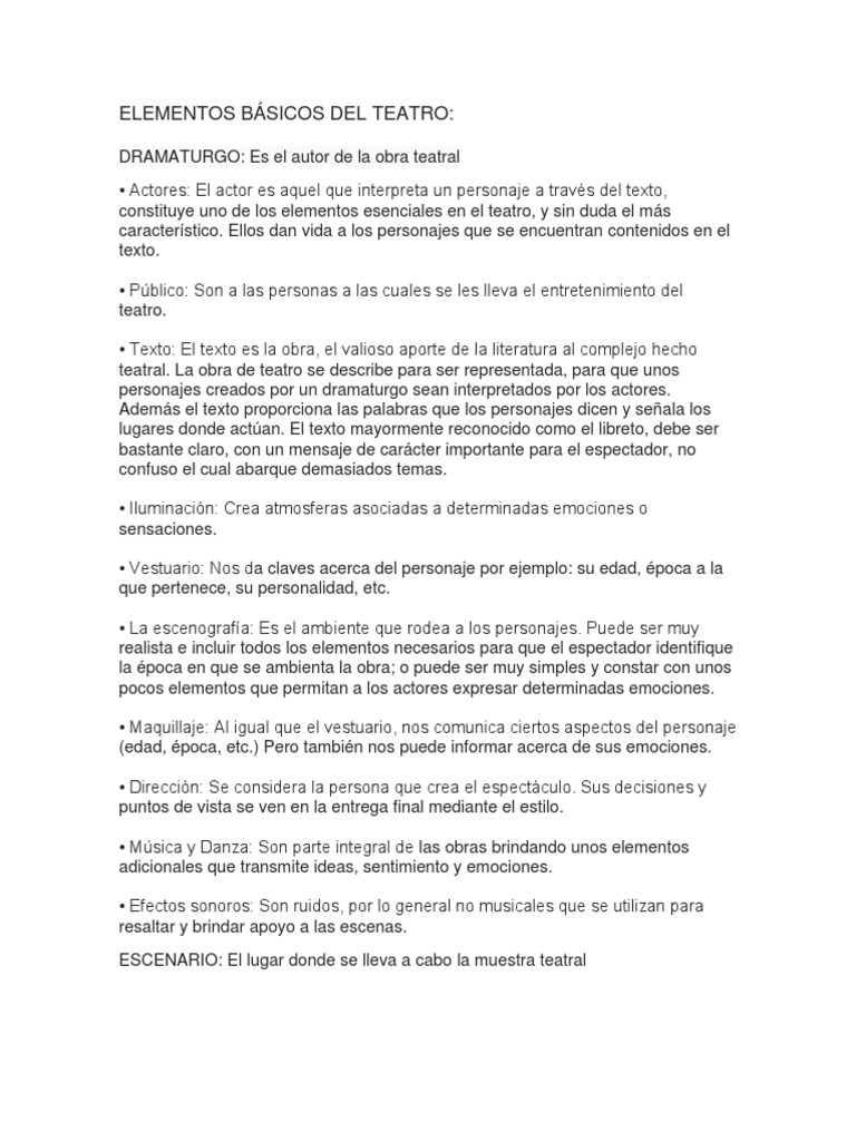 ELEMENTOS BÁSICOS DEL TEATRO | Teatro | Artes (general)