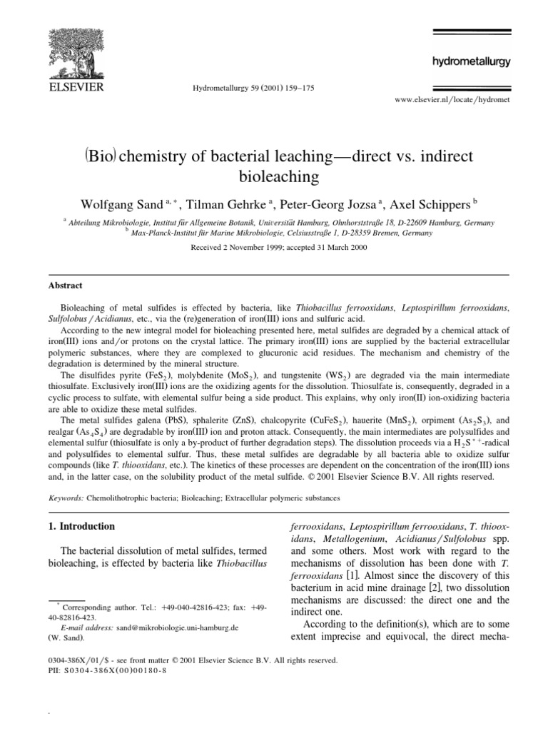 (Bio) Chemistry of Bacterial Leaching-Direct vs. Indirect Bioleaching ...