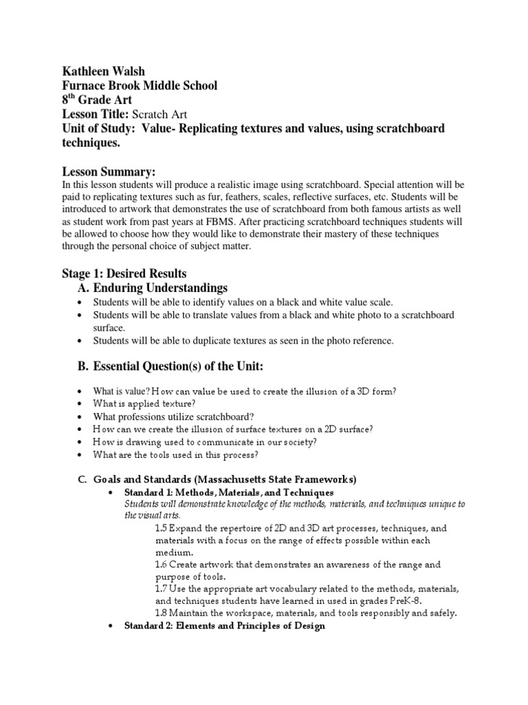 8th Grade Scratch Art Lesson Plan | PDF | Perspective (Graphical) | Drawing