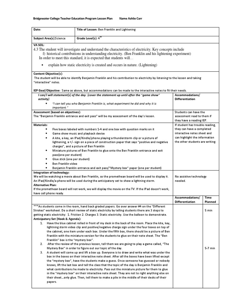 Ben Franklin's Electricity Lesson Plan | PDF | Lightning | Benjamin ...