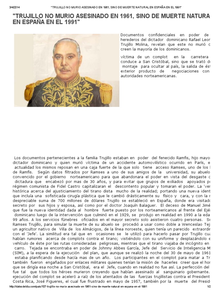 Trujillo No Murio Asesinado en 1961, Sino de Muerte Natural en España ...