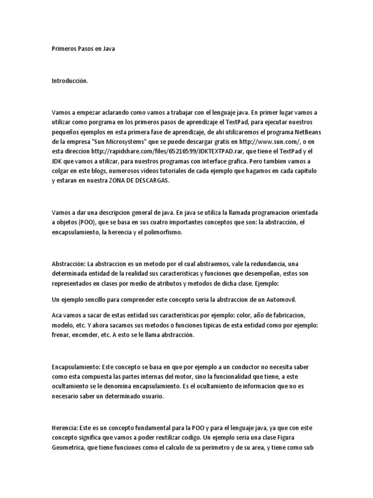 Primeros Pasos en Java | PDF | Java (lenguaje de programación) | Programación orientada a objetos