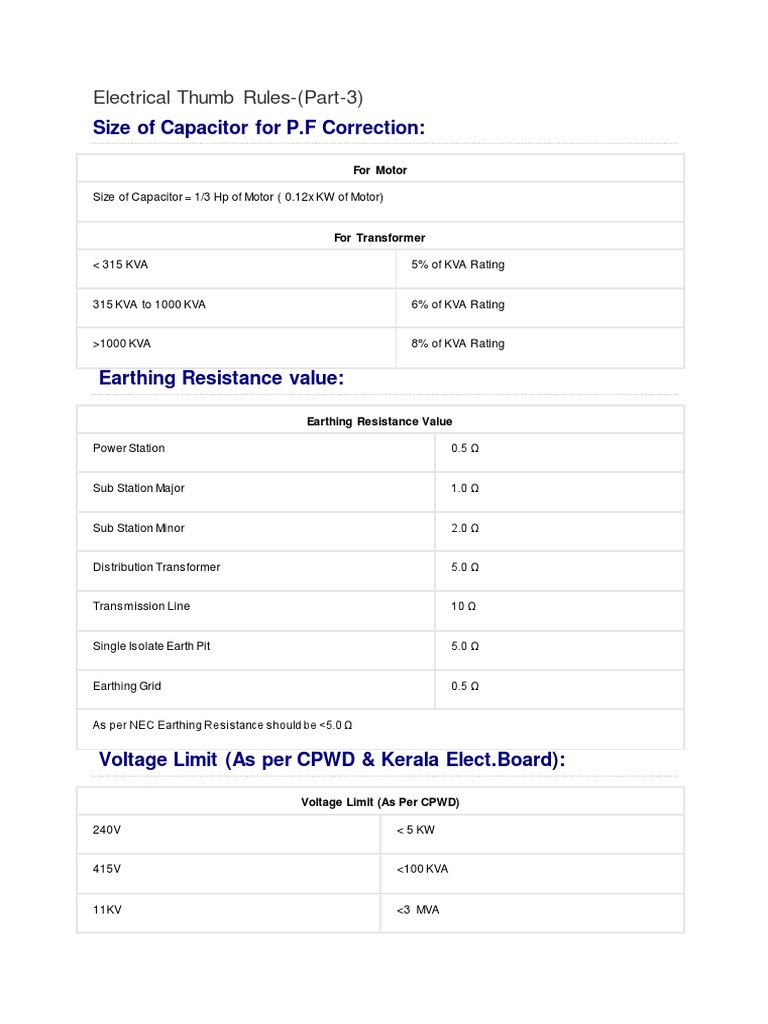 Electrical Thumb Rules and Standards | PDF | Transformer | Mains ...