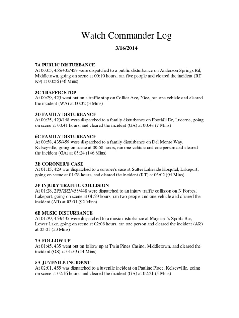 Watch Commander Log: 7A Public Disturbance | PDF | Traffic Stop | Law ...