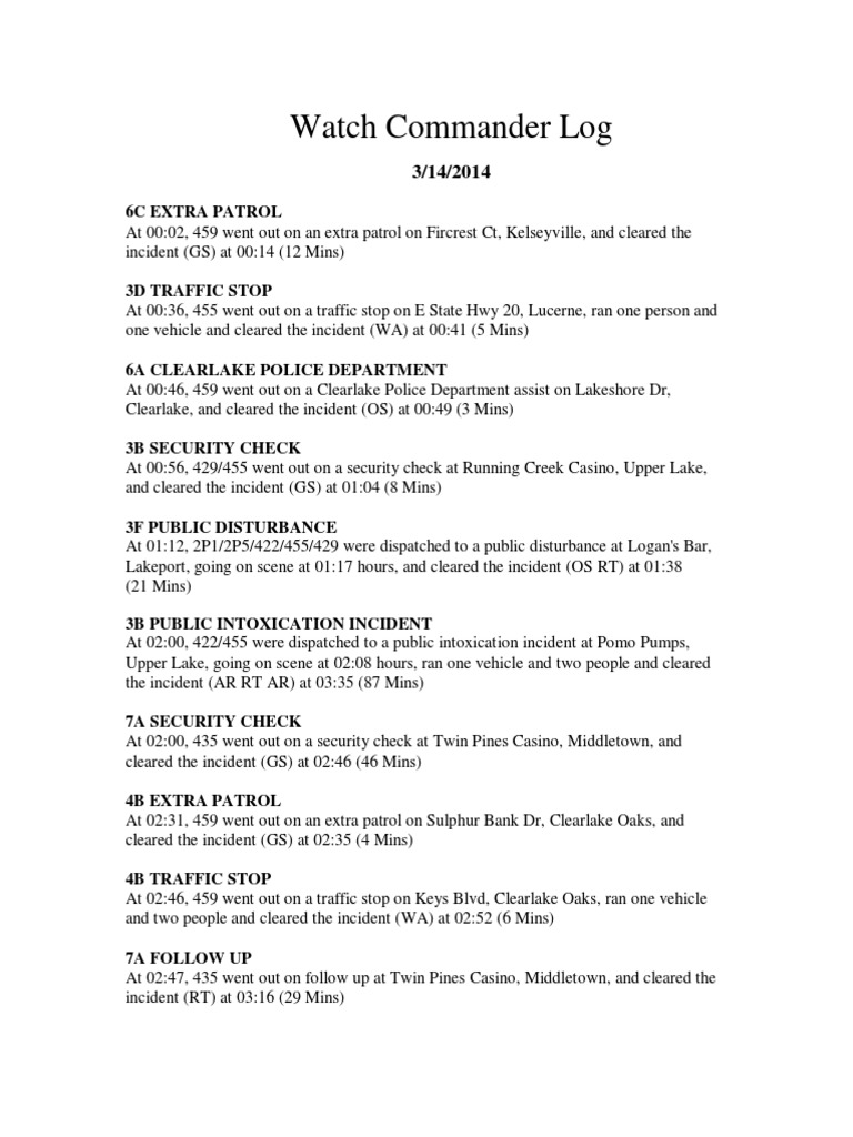 Watch Commander Log: 6C Extra Patrol | PDF | Traffic | Law Enforcement