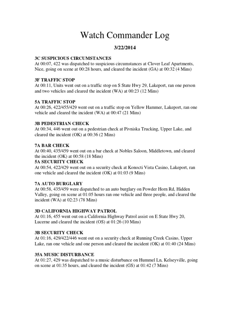 Watch Commander Incident Log 3/22/2014 | PDF | Traffic Stop | Land ...
