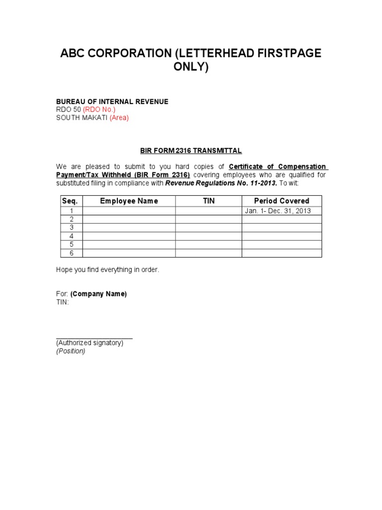 Bir Form 2316 Transmittal | PDF
