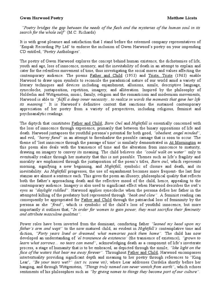 Essay - Gwen Harwood - Poetry (Father & Child), (Triste, Triste) | PDF ...