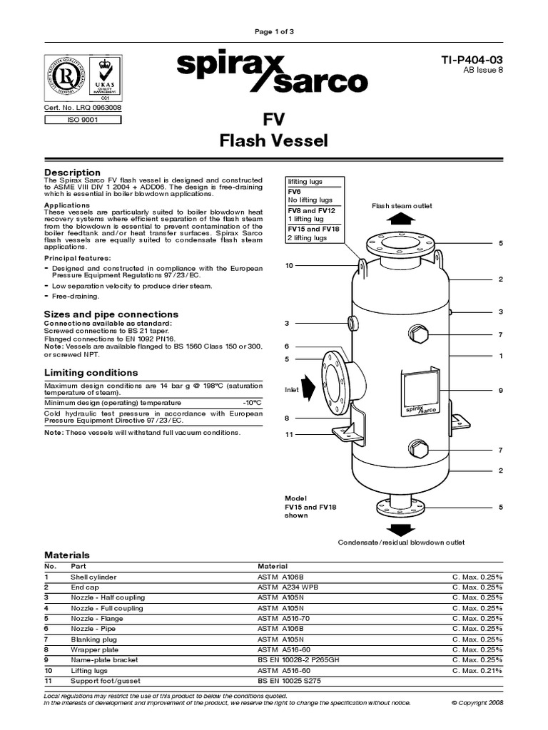 Flash Vessel Spirax Sarco FV-FINAL | PDF | Boiler | Steam