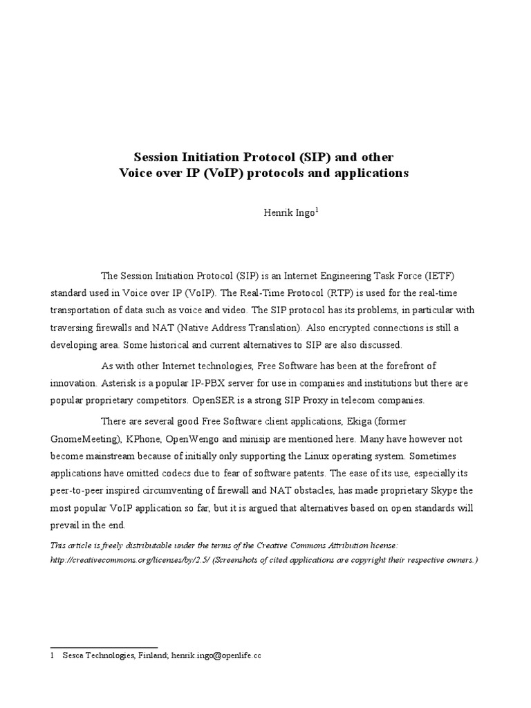 Session Initiation Protocol (Sip) and Other Voice Over Ip (Voip) Protocols and Applications ...