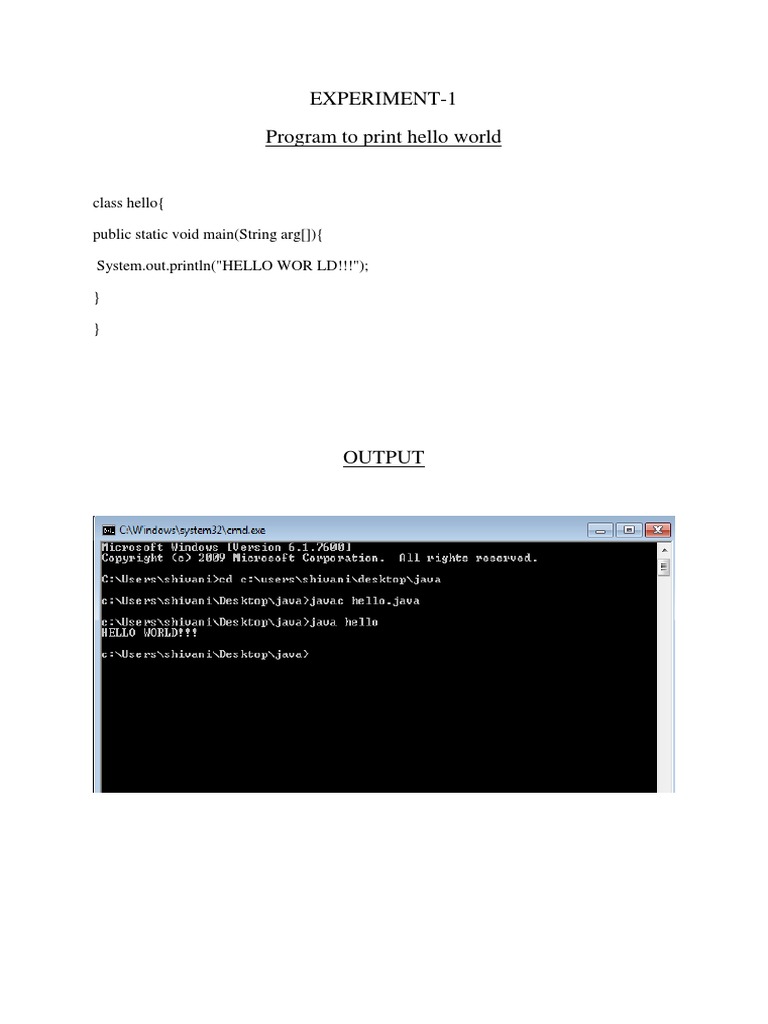 Experiment-1 Program To Print Hello World | PDF | Array Data Type | Java (Programming Language)