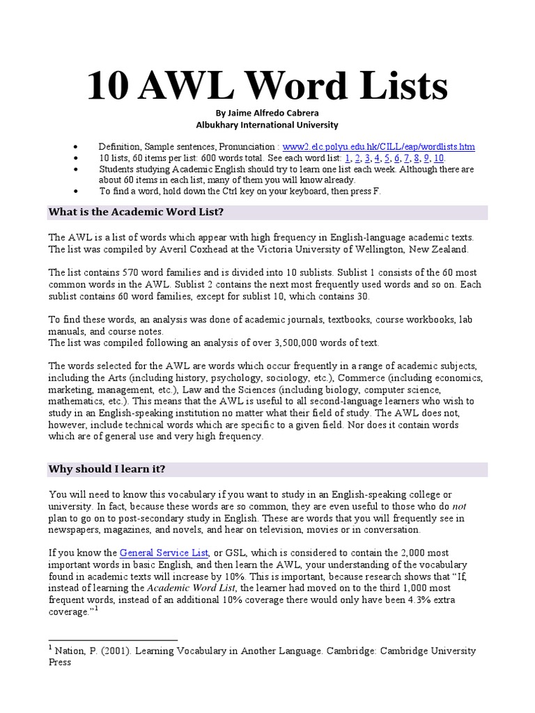 10 Academic Word Lists for Students | PDF | Vocabulary | English Language