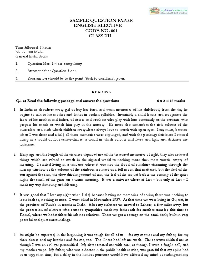 Class XII English Elective Sample Paper | PDF | Reading Comprehension ...