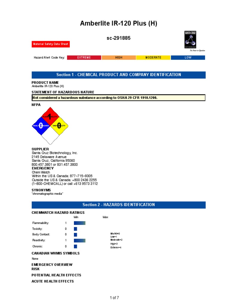 MSDS Amberlite 120 H | Combustion | Waste Management